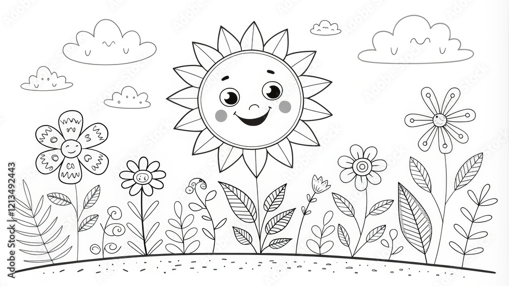 Happy Sun and Flowers Coloring Page Line Art, Cute Cartoon, Floral ...