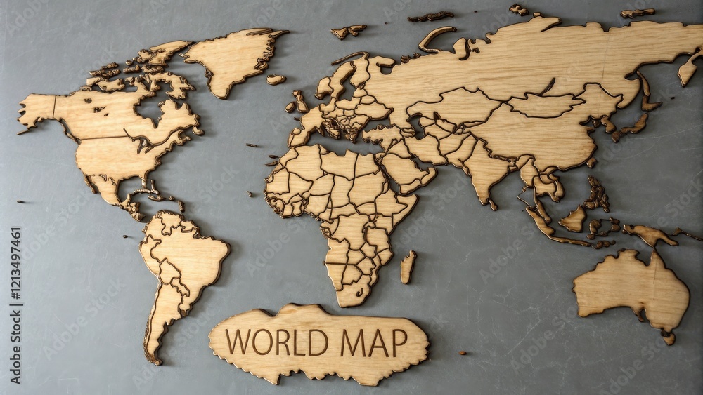 Laser Cut Wooden World Map Detailed Continent Design, Gray Background ...