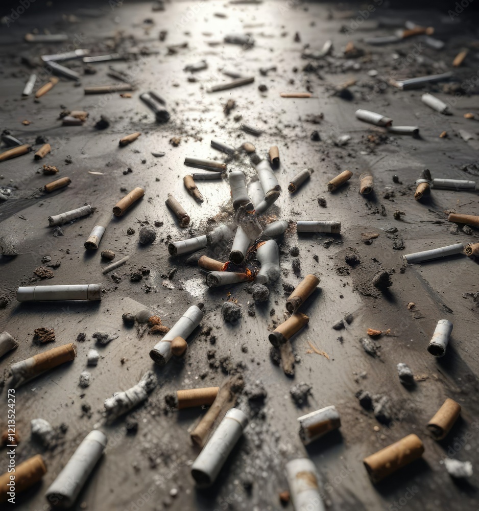 Cigarettes scattered across the floor amidst chaotic mess of ash ...