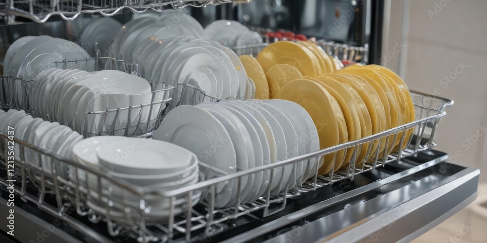 Clean, open dishwasher interior with rows of sparkling clean plates ...