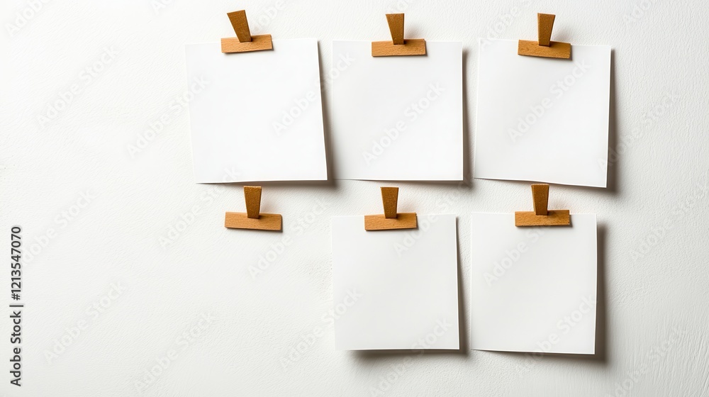 Six Blank White Papers on a Wall with Wooden Clips; Minimalist Mockup ...