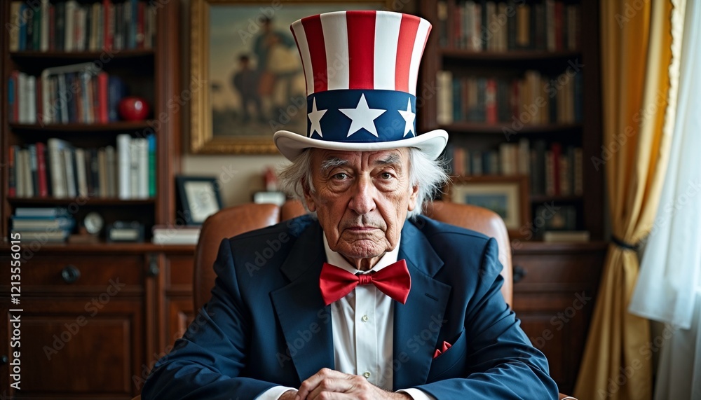 Elderly man wearing Uncle Sam hat and bowtie, celebrating Independence ...