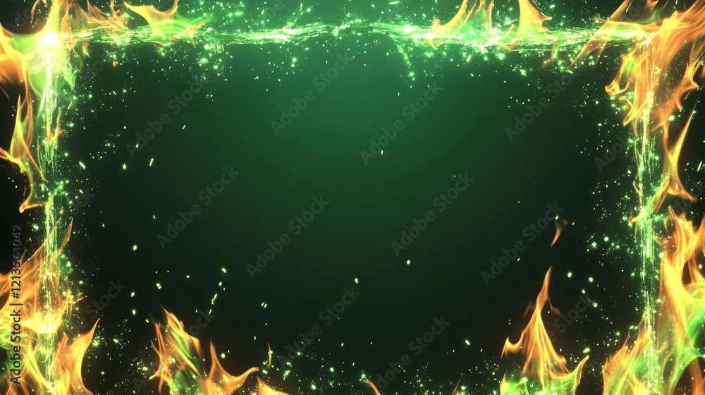 Realistic green fire border, burning flame with sparkles isolated on ...