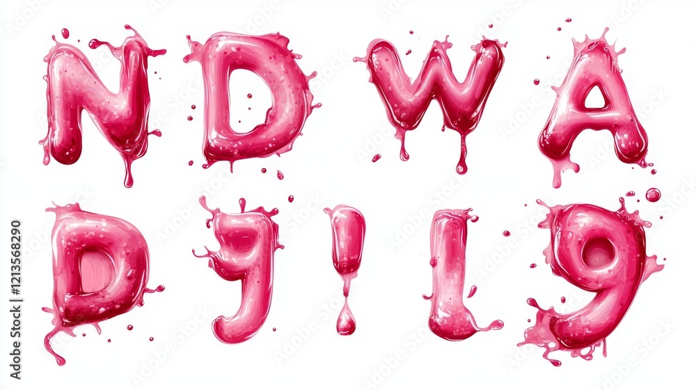 Pink water alphabet. Type font with letters of liquid gel, juice, wine ...