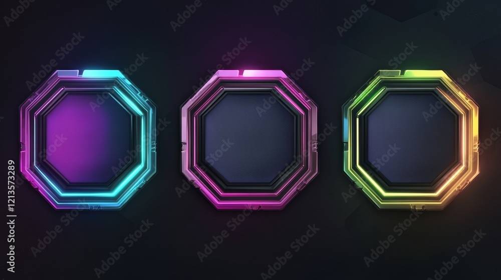 Sci fi neon game rank avatar metal hexagon frame vector set. Cartoon ...