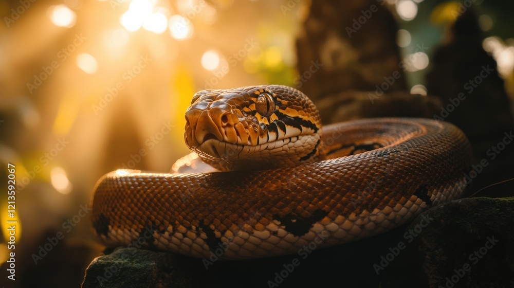 Majestic Python Coiled on Rocks Beneath Golden Sunlight Filtering ...