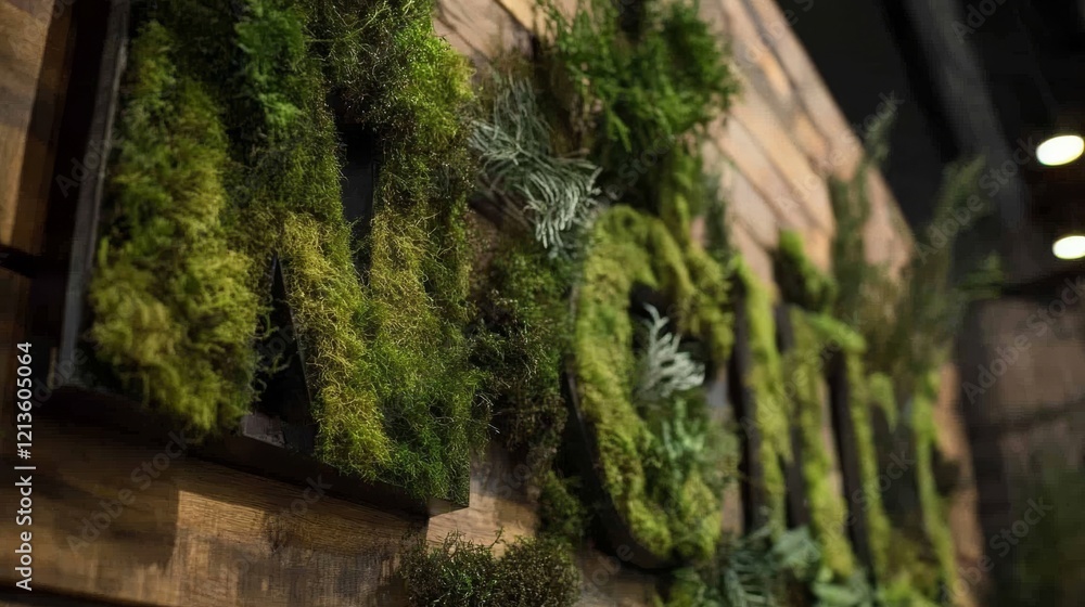 Living wall typography, preserved moss lettering, pine needle details ...