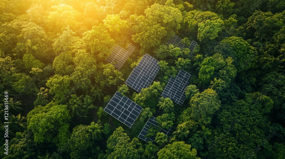 Green technology landscape portrait, architectural emblem in wilderness ...