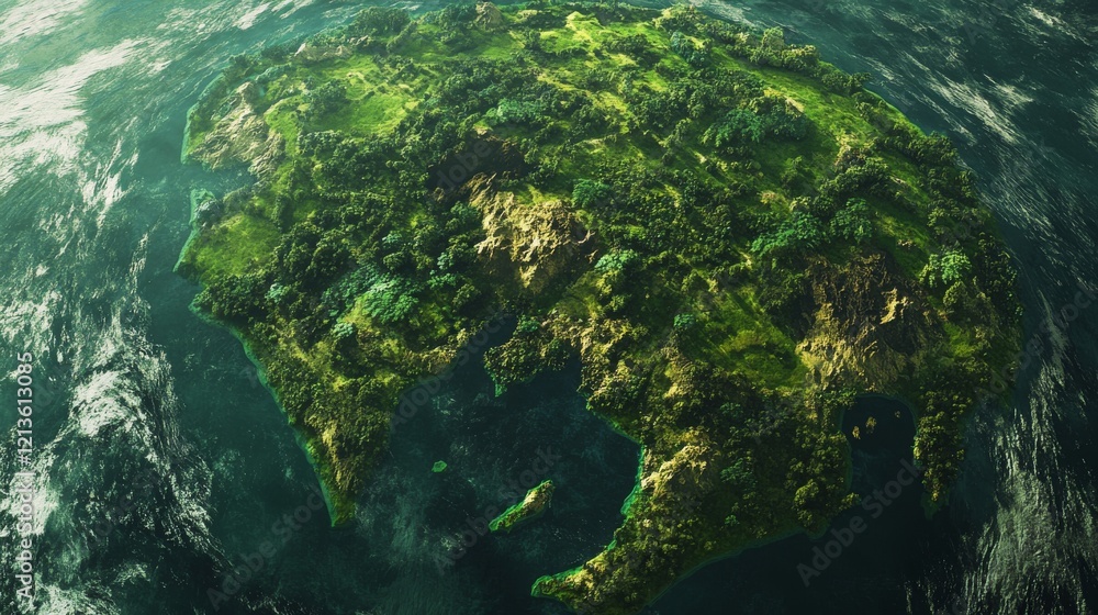 Sustainable world visualization, verdant continental forms, organic ...