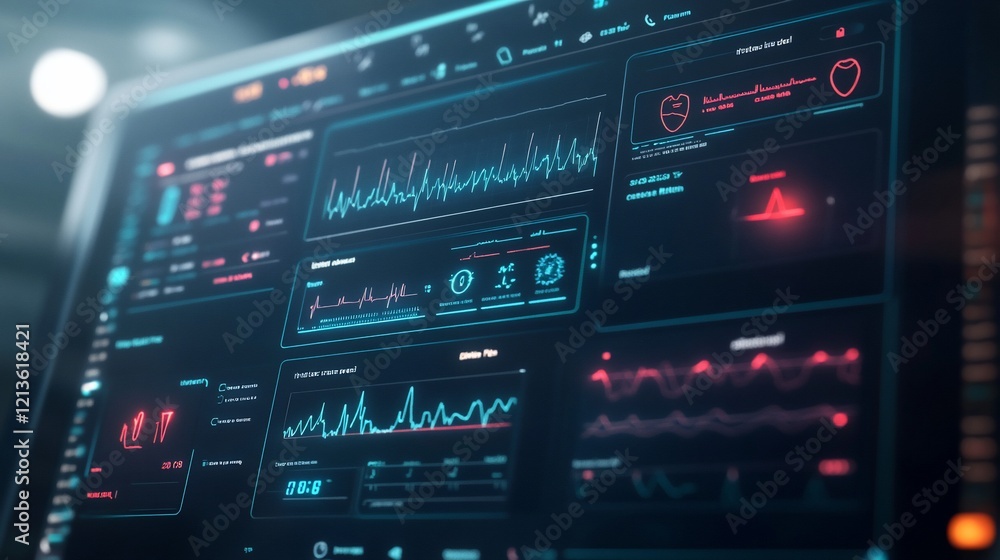 Digital health monitoring dashboard display, showing vital signs, in a ...