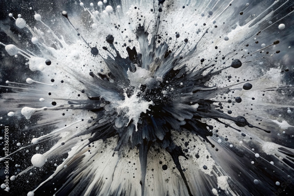 Bold black and white paint splatters form a striking frame, composed ...