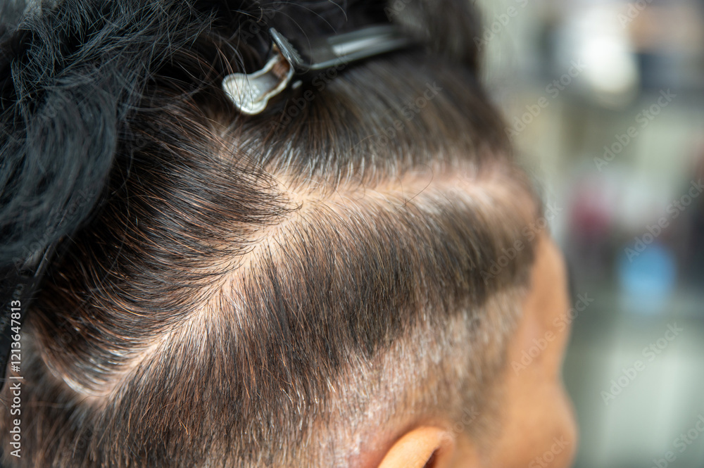 Close-up of a person's scalp, showing thinning hair, gray hair, flaky ...
