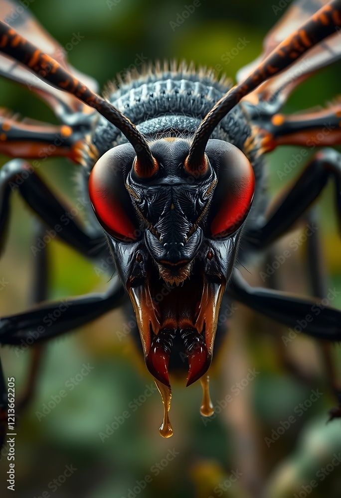 Intense Close-up: Fierce Black Wasp with Glowing Red Eyes, Dramatic ...