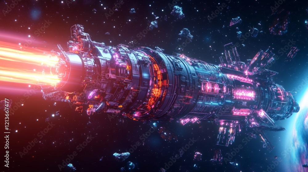 Stock-Foto „A long, silver spaceship is flying through a dark space ...