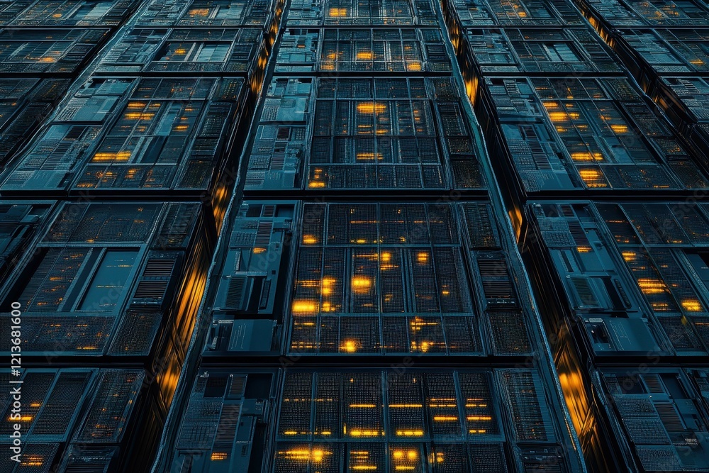 Urban nightscape featuring illuminated shipping containers stacked in a ...