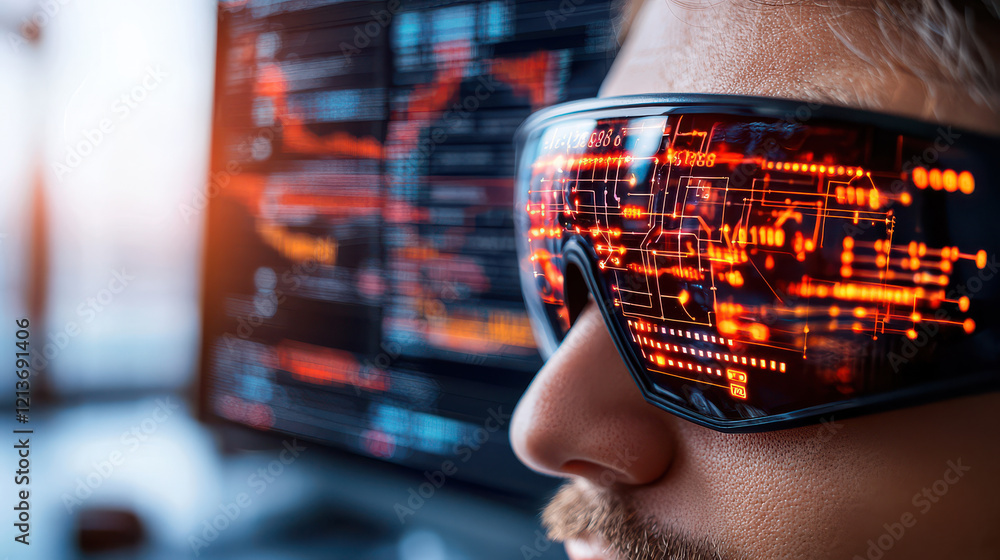 Innovative technology glasses reflecting data analysis on screen. image captures close up of ...