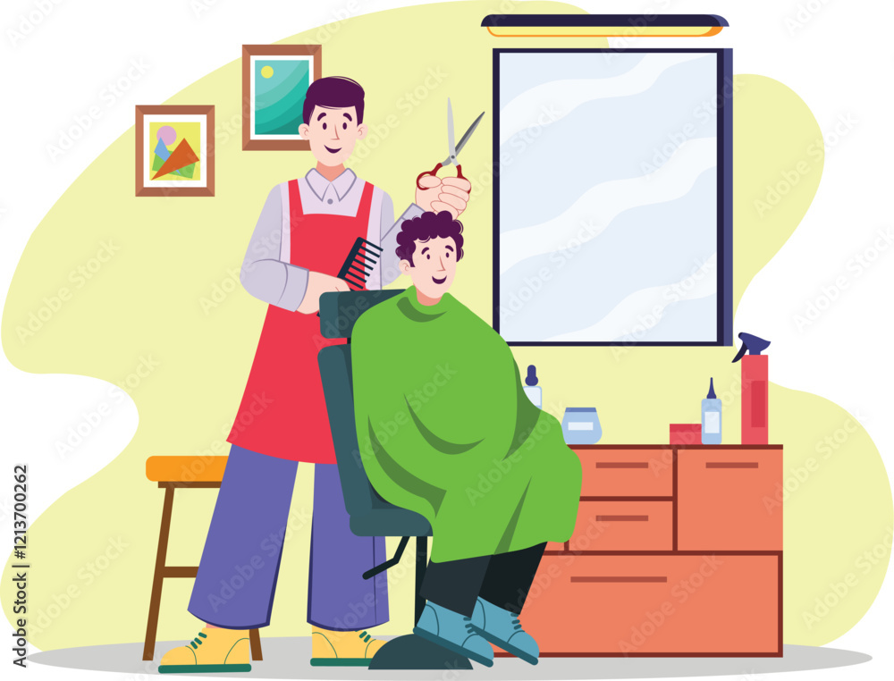 Barbershop Haircut Service Illustration with Barber and Client in Salon ...