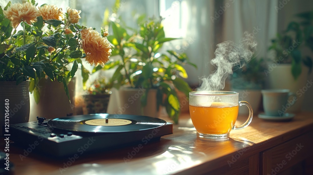 Sunny windowsill, tea, vinyl record player, plants. Stock Illustration ...