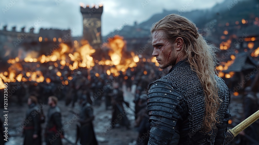 ancient warrior wearing black armor with wound on face at burning ...