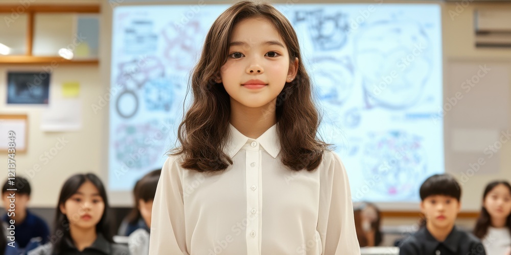 South Korean girl standing in front of a projector screen in a ...