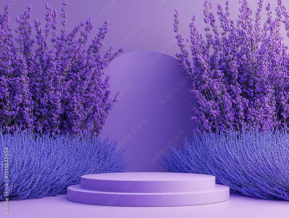 Lavender plant display with a round podium on a solid violet background ...