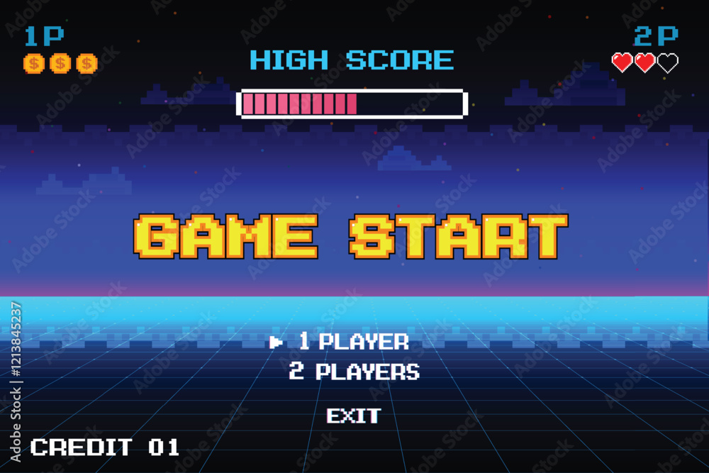 GAME START. pixel art .8 bit game. retro game. for game assets in vector illustrations. arcade ...