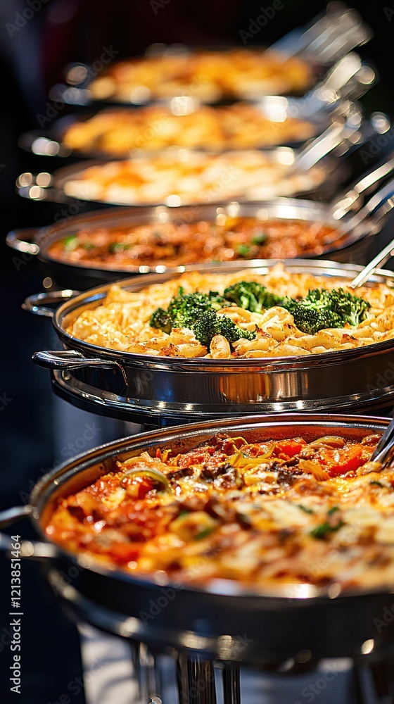 Buffet style food display with multiple dishes in stainless steel ...