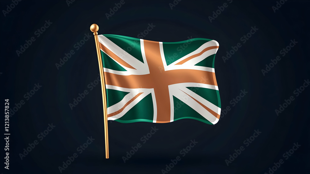Emerald green Union Jack flag waving on gold pole, dark background ...