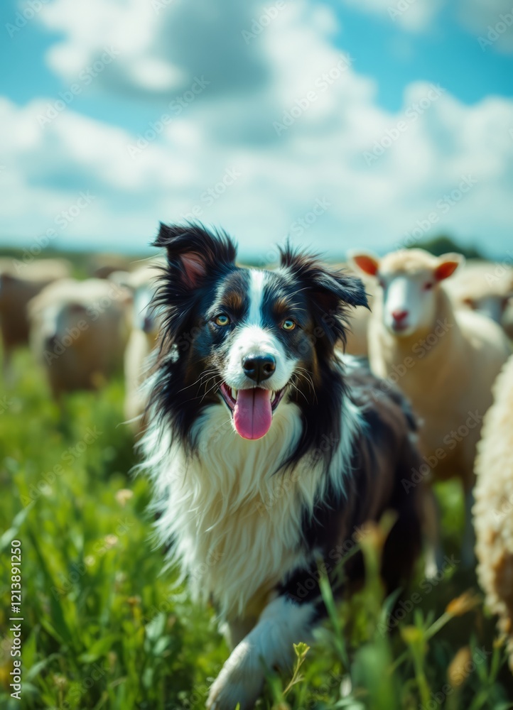 Border Collie herding a flock of sheep in a vibrant green pasture under ...