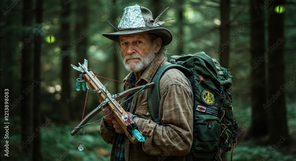 Crazy elderly man with a crossbow in a dense forest, showcasing ...