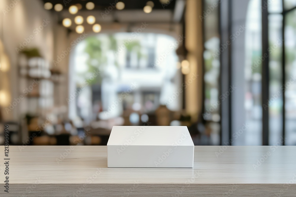 White box counter display, cafe background, packaging mockup Stock ...