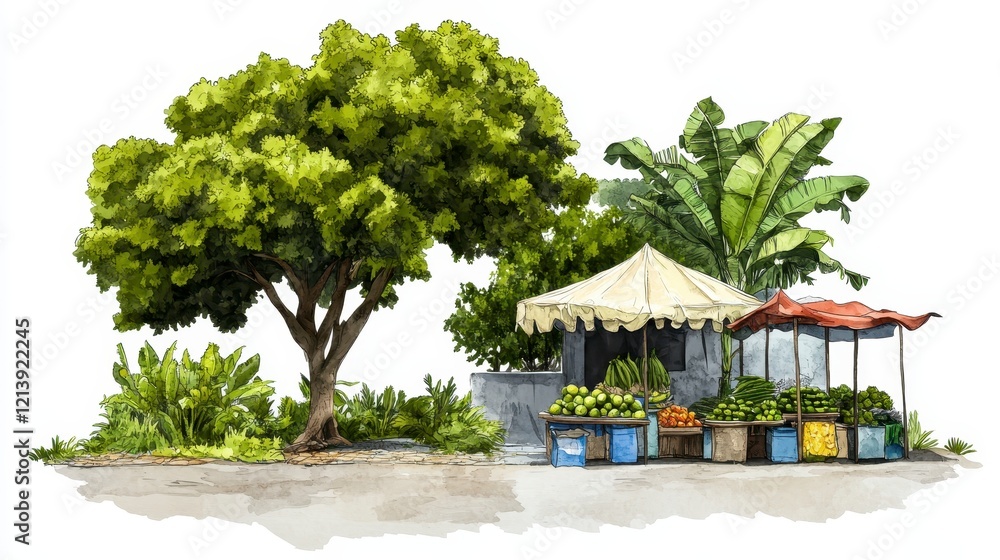 Lush Tropical Fruit Stand: A Vibrant Hand-Drawn Illustration of an ...