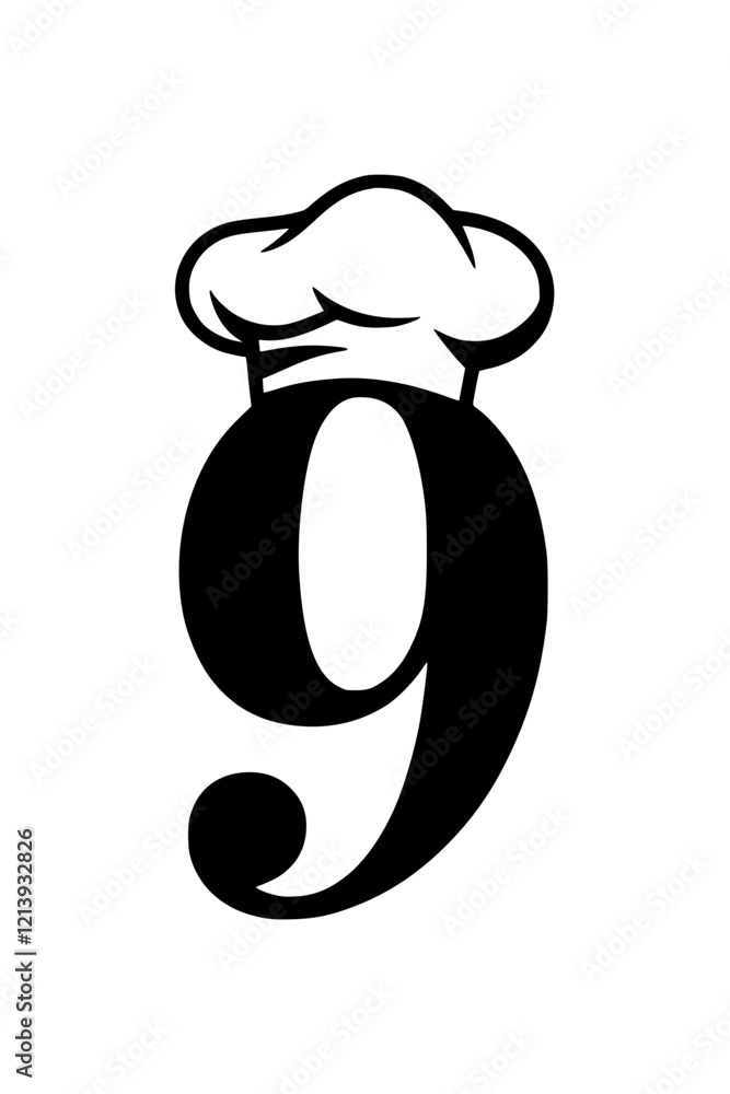 Number 9 with chef hat logo design, Minimalist black and white logo ...