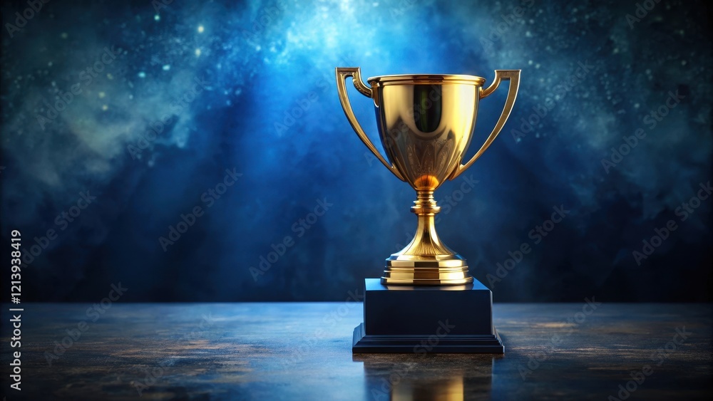 A golden trophy cup sits atop a pedestal on a dark blue background with ...