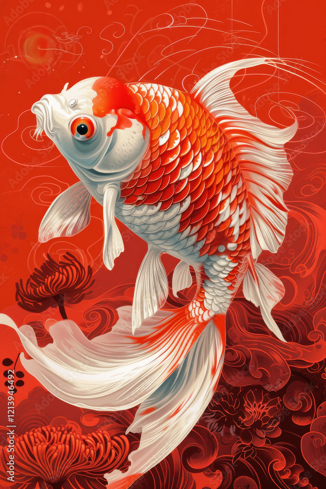 2025 Calendar with Koi Fish Design and Red Background for New Year ...