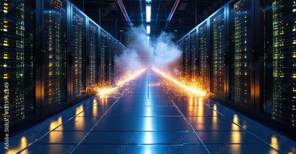 Data center explosion with fire, sparks, and smoke rising between ...