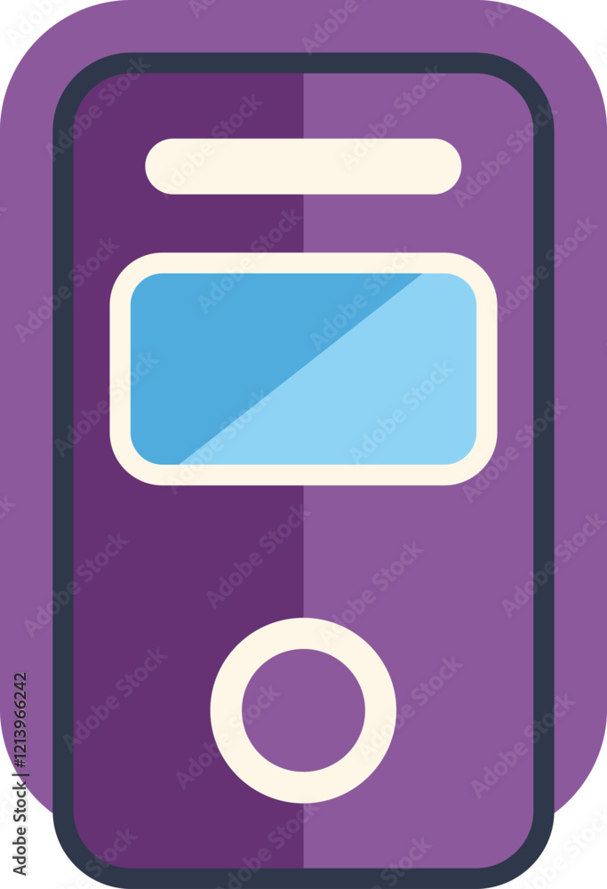 Purple music player displaying audio interface with button and screen ...