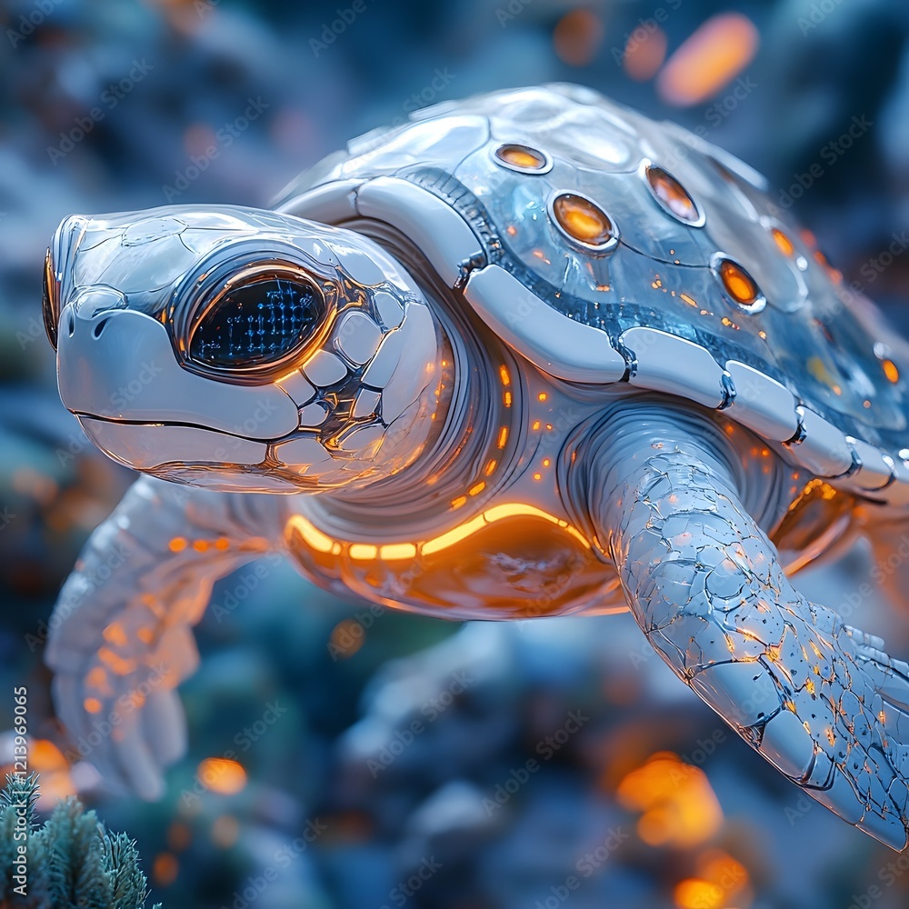 Robotic Turtle Exploring Futuristic Underwater Seascape with Bioluminescent Tentacles and ...