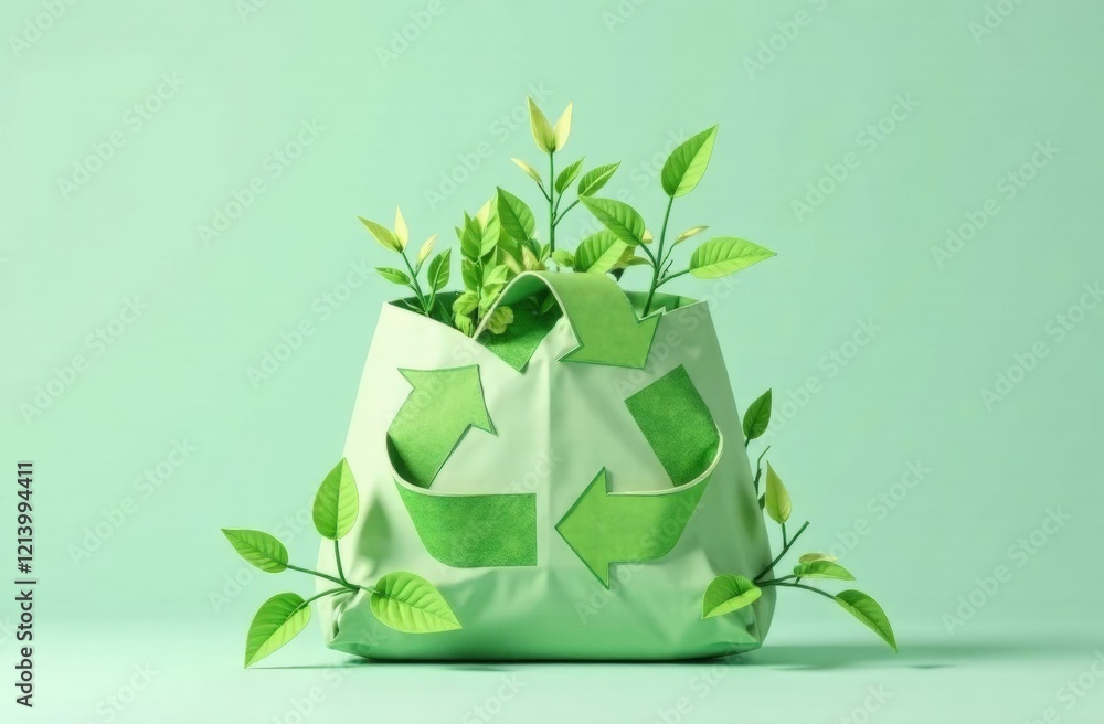 Recycle banner design, a plastic bag with recycle sign and many plants ...