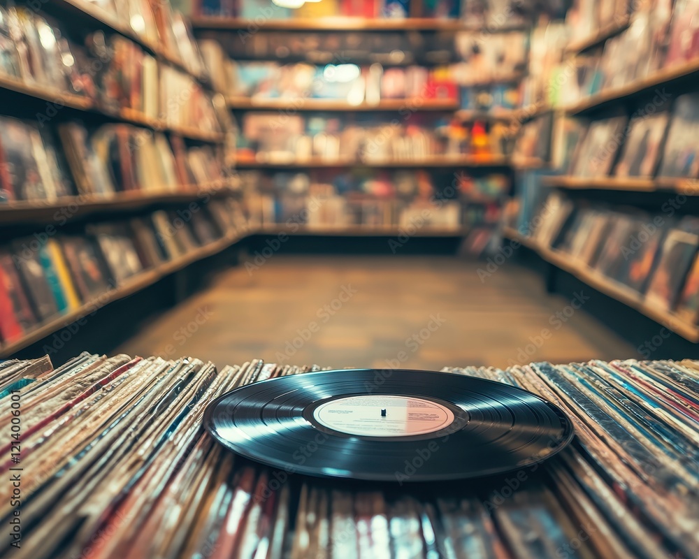 Vinyl Record on Display in a Vintage Record Store with Blurred ...