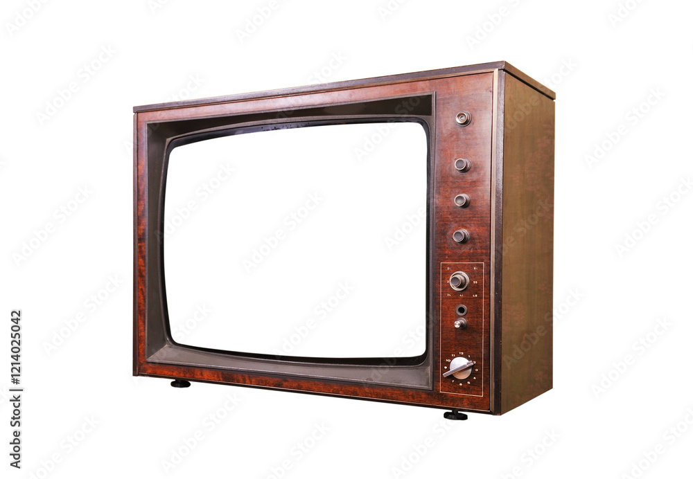Old vintage television with white screen isolated on white background ...