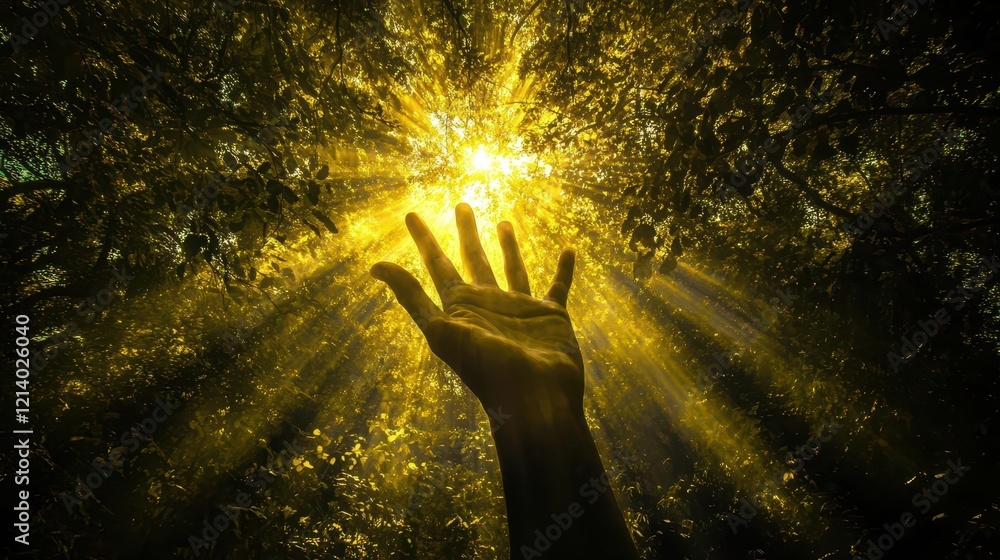 ethereal luminous hand reaching upward through golden sunbeams breaking ...