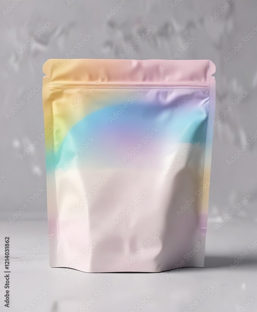White ziplock stand up pouch with pastel rainbow design mockup, retail ...