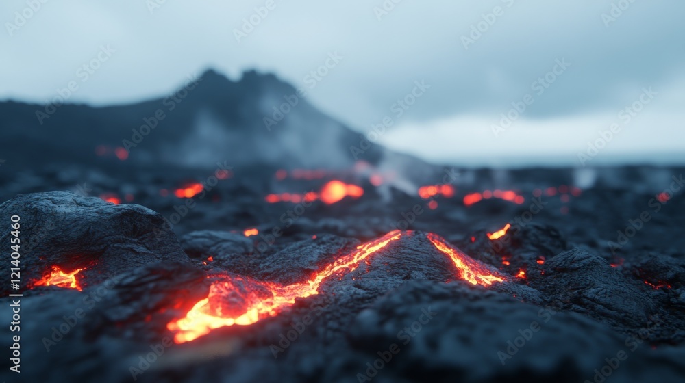 Molten lava flows across volcanic rock, a mountain in the background ...