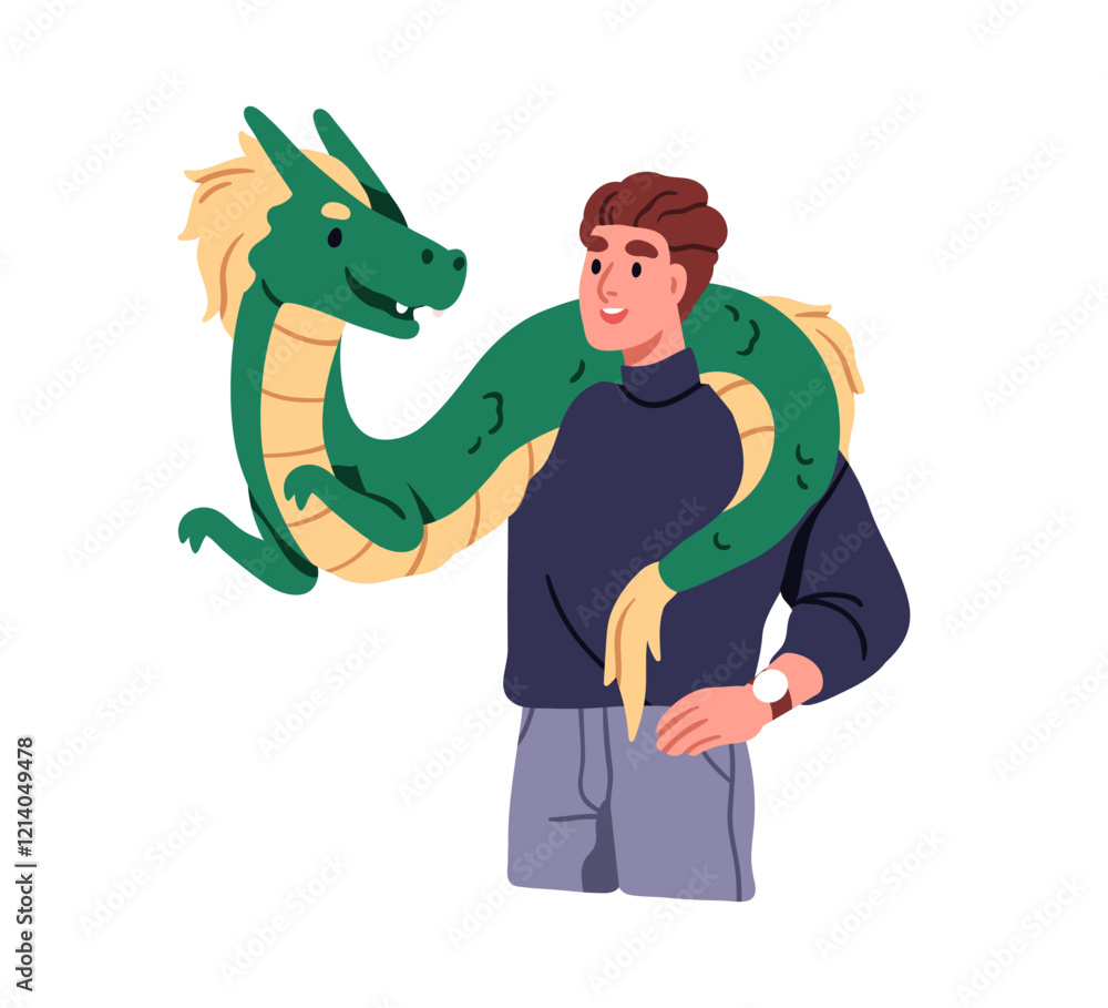 Man holding dragon puppet on hand, shoulder. Puppetry theater actor ...
