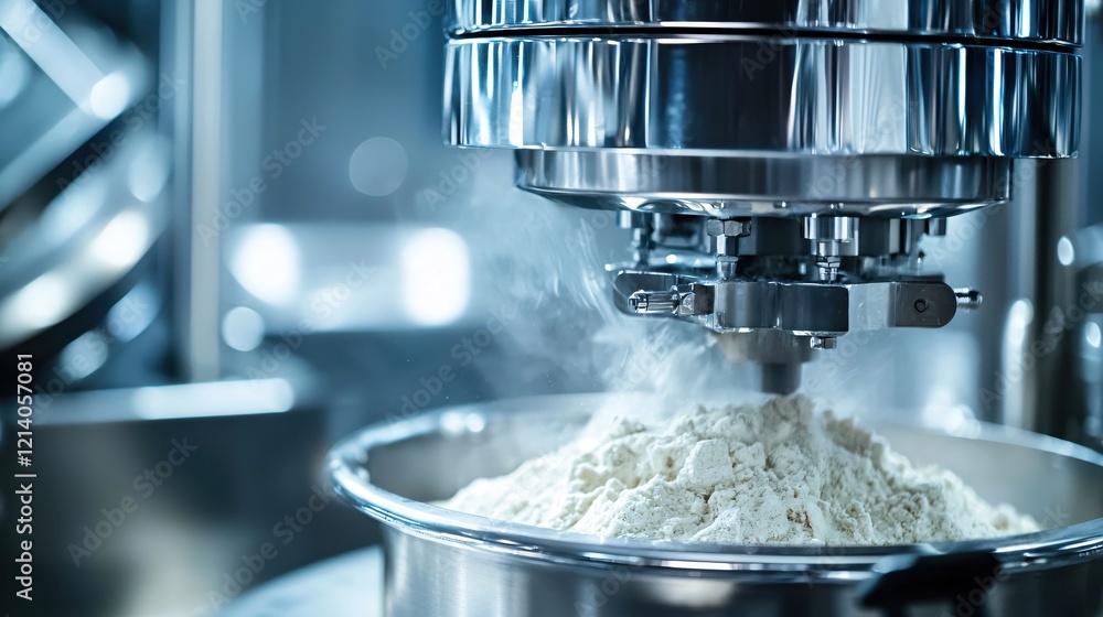 Industrial mixer blending white powder in a stainless steel bowl with a ...