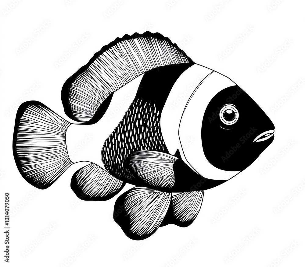 Black and white clownfish, simple vector graphic outline illustration ...