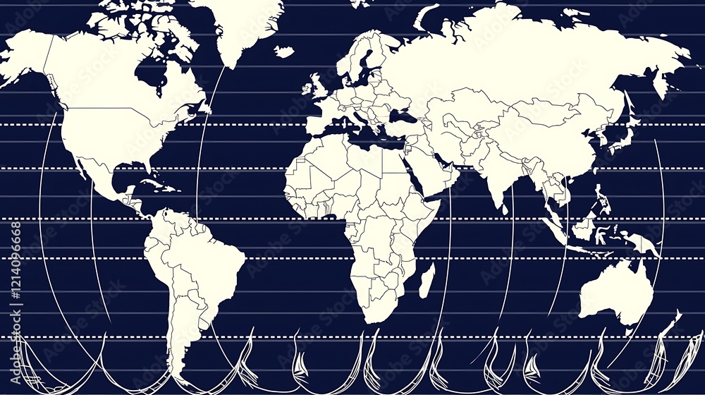 Simple white world map on dark blue background with latitude and ...