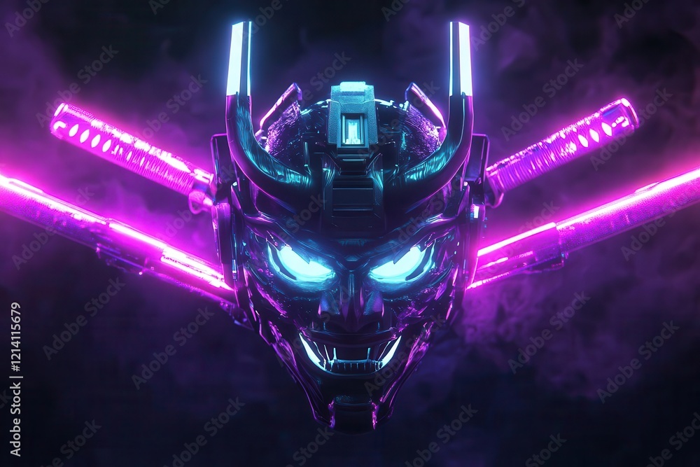 a cyberpunk oni mask radiating neon energy, floating in dark space with ...