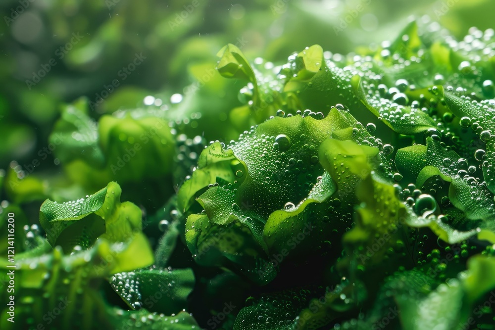 Green algae releasing oxygen as air bubbles in clean water, a concept ...